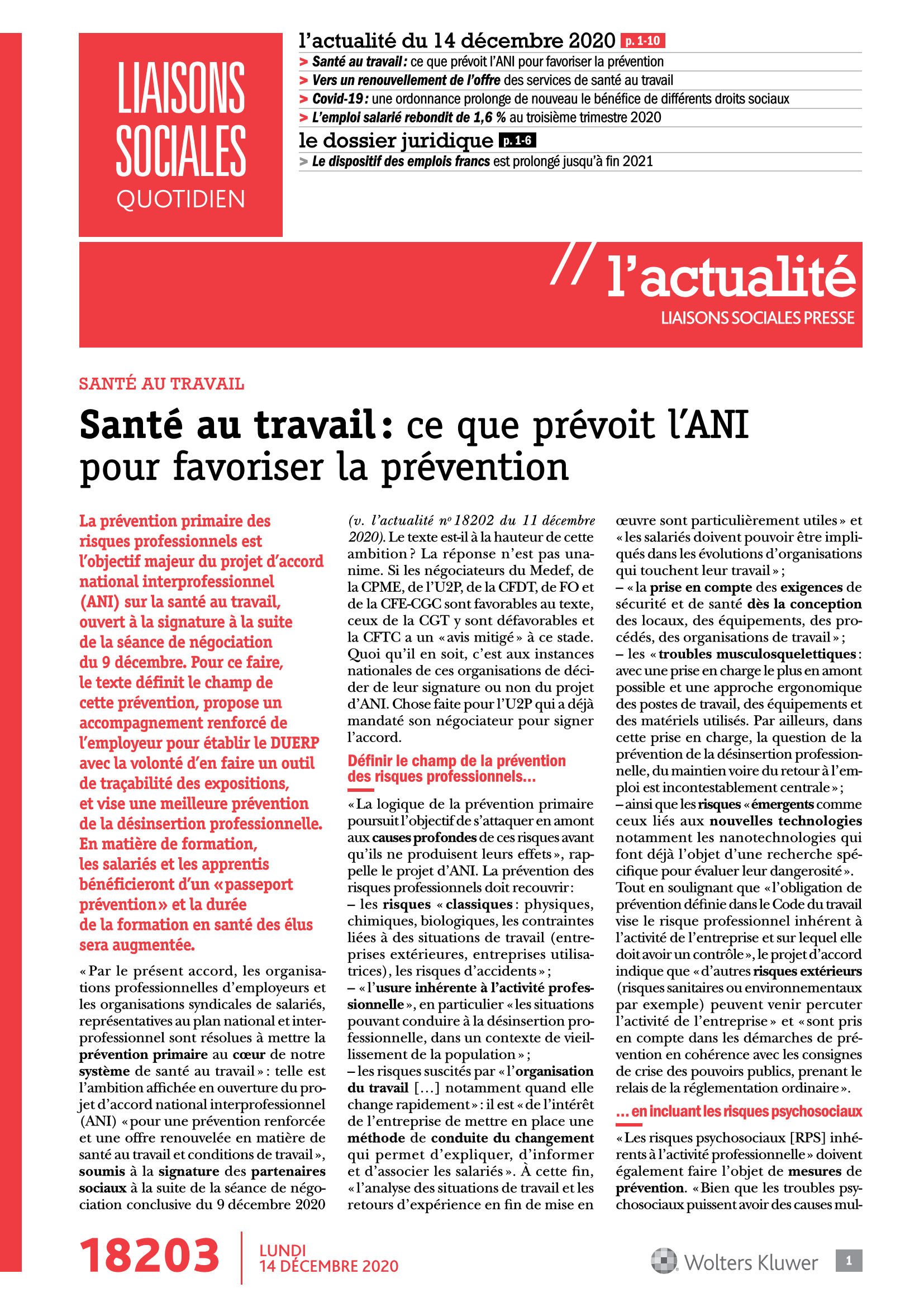 Santé au travail : ce que prévoit l'ANI du 8 décembre 2020 pour ...